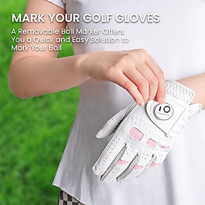 FINGER TEN Women’s Leather Golf Glove with Ball Marker Extra Grip 1 Pack, Left Right Hand Pink Fit Woman Girl, Size Small Medium Large XL (Small, Left)