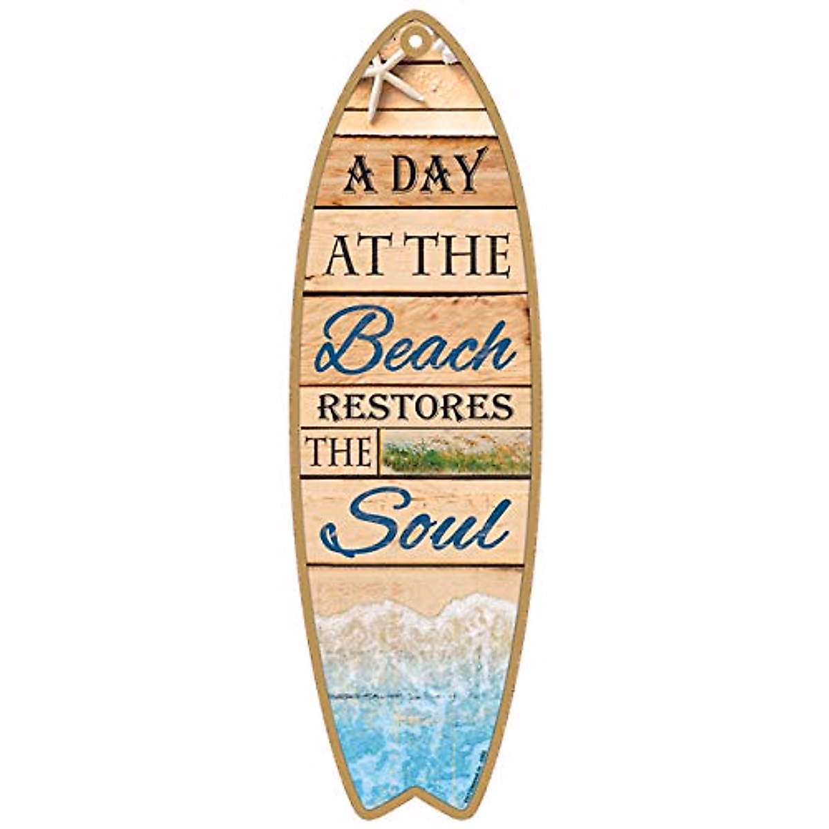 SJT ENTERPRISES, INC. A Day at The Beach restores The Soul Plank Style Surfboard MDF Wood plaques, Signs - Measure 5" x 16" Size (SJT01692)
