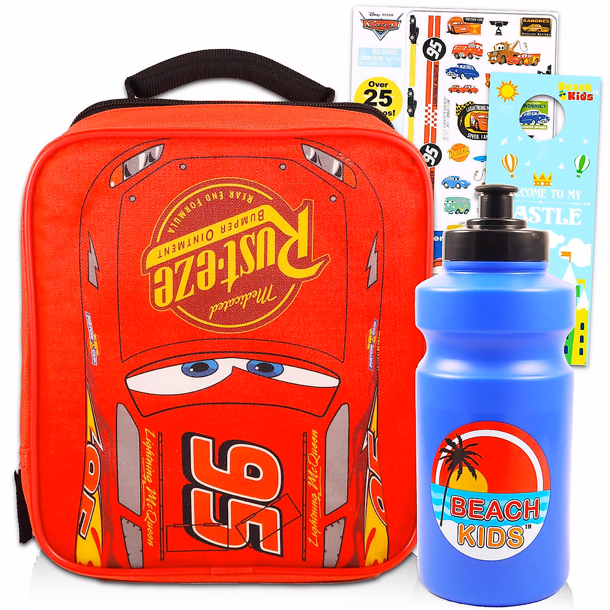 Disney Cars Lunch Box for Boys, Kids - Bundle with Premium Insulated Lightning McQueen Lunch Bag Plus Tattoos, Beach Kids Water Bottle, More | Disney Cars School Supplies