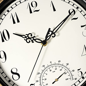 Lumuasky Indoor Outdoor Waterproof Wall Clock with Thermometer, Retro Silent Non-Ticking Battery Operated Round Clock for Garden Patio Yard Home (12 inch, Black Gold)