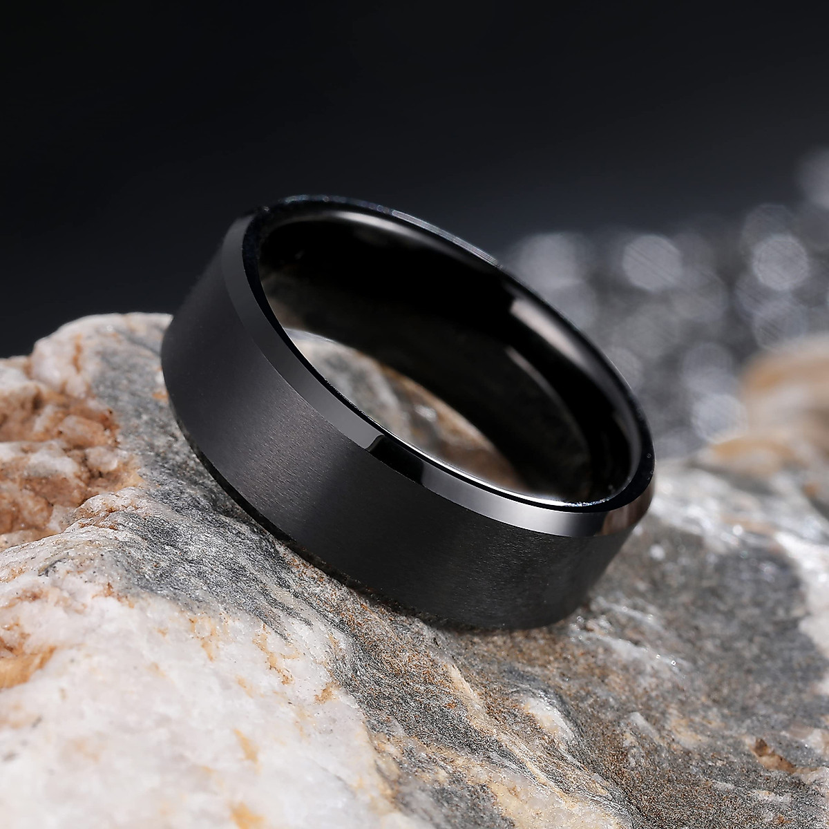King Will BASIC Men Wedding Black Tungsten Ring 8mm Matte Finish Beveled Polished Edge Comfort Fit 9.5