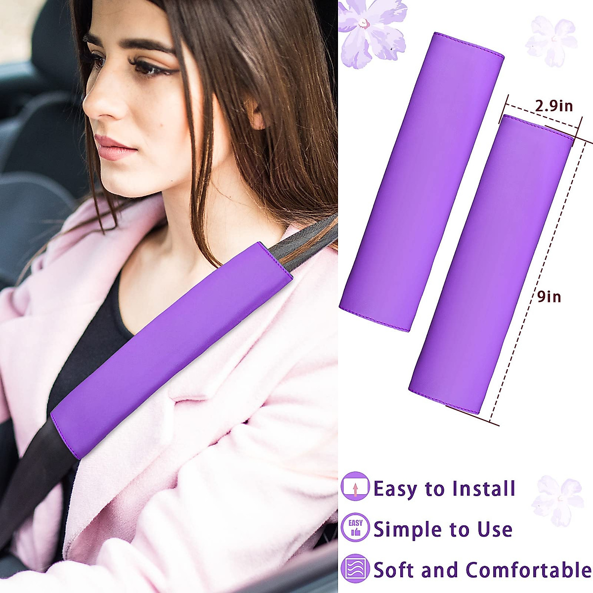 Frienda 10 Pcs Leather Steering Wheel Cover Set for Women 14.5-15 Inch Car Accessories with Seat Belt Shoulder Pad Seatbelt Cover Cup Holder Start Button Ring Sticker Air Vent Clip(Purple)