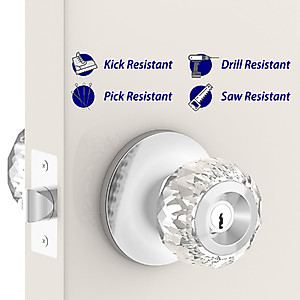 Vammcht Door Knob with Lock, Crystal Door Knobs Interior with Keys, Modern Diamond/Glass Door Lock Heavy Duty for Bedrooms Entrance Office, Polished Chrome Door Handles