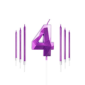 Purple Birthday Candles Number 4 Candle with 6pcs Long Birthday Candles for Cake, 4 Year Old Girl Boy Birthday Party Cake Topper Decorations Wedding Anniversary Celebration Supplies