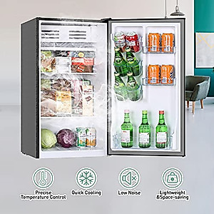 Frestec Mini Fridge with Freezer, 3.1 Cu.Ft Mini Refrigerator with One-touch Easy Defrost, Compact Small Refrigerator for Dorm, Bedroom, Office, Energy Saving, 37 dB Low Noise, Stainless Steel