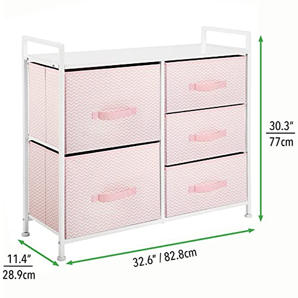 mDesign 30.03" High Steel Frame/Wood Top Storage Dresser Furniture Unit with 5 Removable Fabric Drawers - Tall Bureau Organizer for Bedroom, Living Room, Closet - Spira Collection - Pink/White