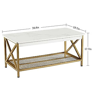 VECELO Coffee Table with Storage Shelf for Living Room,Industrial Style,Easy Assembly, Gold