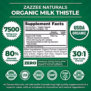 Zazzee USDA Organic Milk Thistle 30:1 Extract, 7500 mg Strength, 120 Vegan Capsules, 80% Silymarin Flavonoids, Standardized and Concentrated 30X Extract, 100% Vegetarian, All-Natural and Non-GMO