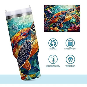 Slewiaeky Tumbler with Handle 40 oz Lovely Tortoise Turtle Travel Mug with Lid and Straw Ocean Stainless Steel Vacuum Insulated Water Bottle Cup for Iced Tea Coffee Cold Beverages Cup Holder Friendly