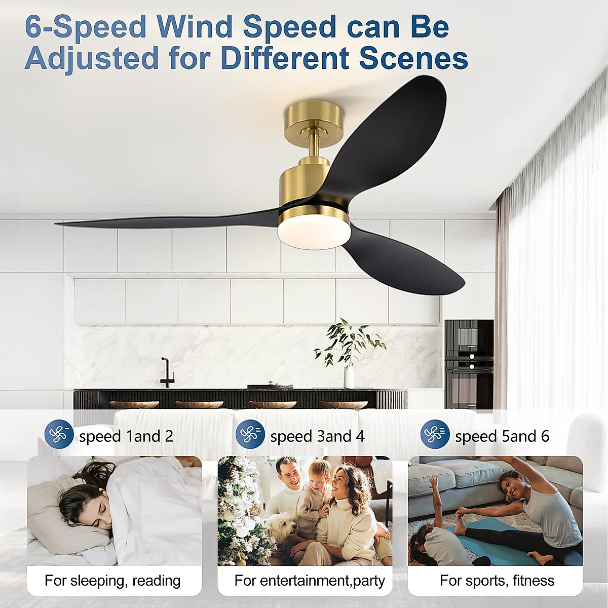 52 Inch Ceiling Fans with LED Light Remote Control, Modern Ceiling Fan with Reversible DC Motor, 3 Blades and 3 Color Temperature, LED Light Chandelier for Bedroom(Gold & Black)