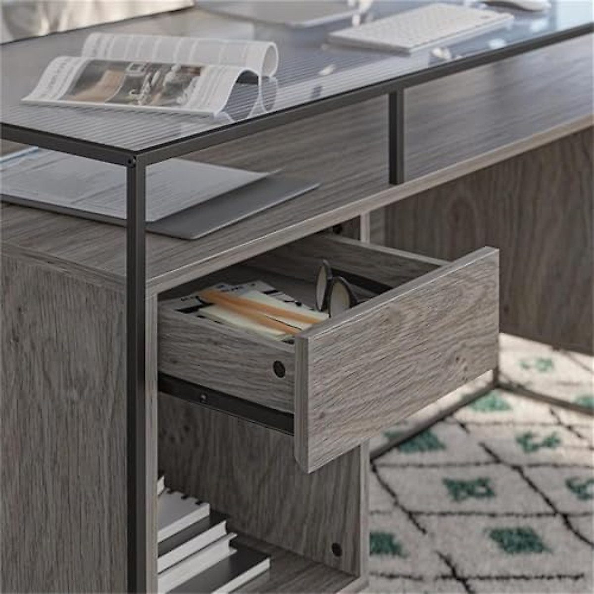 Ameriwood Home Camley Modern 2-Drawer Desk with Fluted Glass Top, Gray Oak