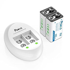POWXS Rechargeable 9v Batteries with Charger, 2 Count High Performance NIMH 9 Volt Rechargeable Battery for Smoke Alarms Guitar Cameras Toys and More
