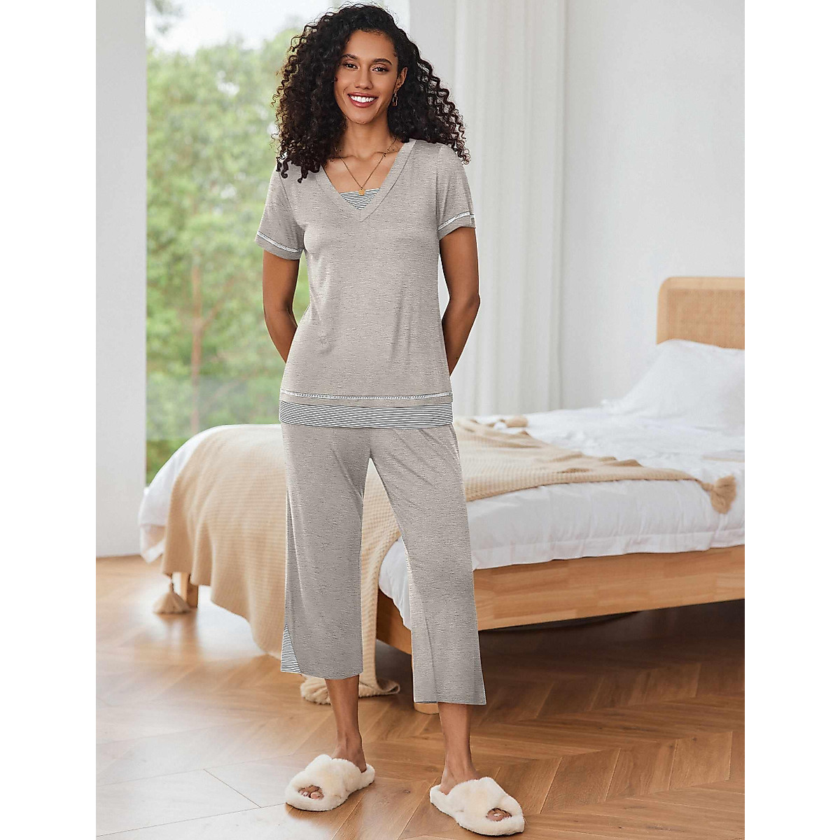 Ekouaer Capri Pajama Sets for Women Capri Pants with Short Tops Sleepwear Ladies Sleep Sets Short Sleeve Pjs Sets Soft Two Piece Loungewear Sets Light Grey