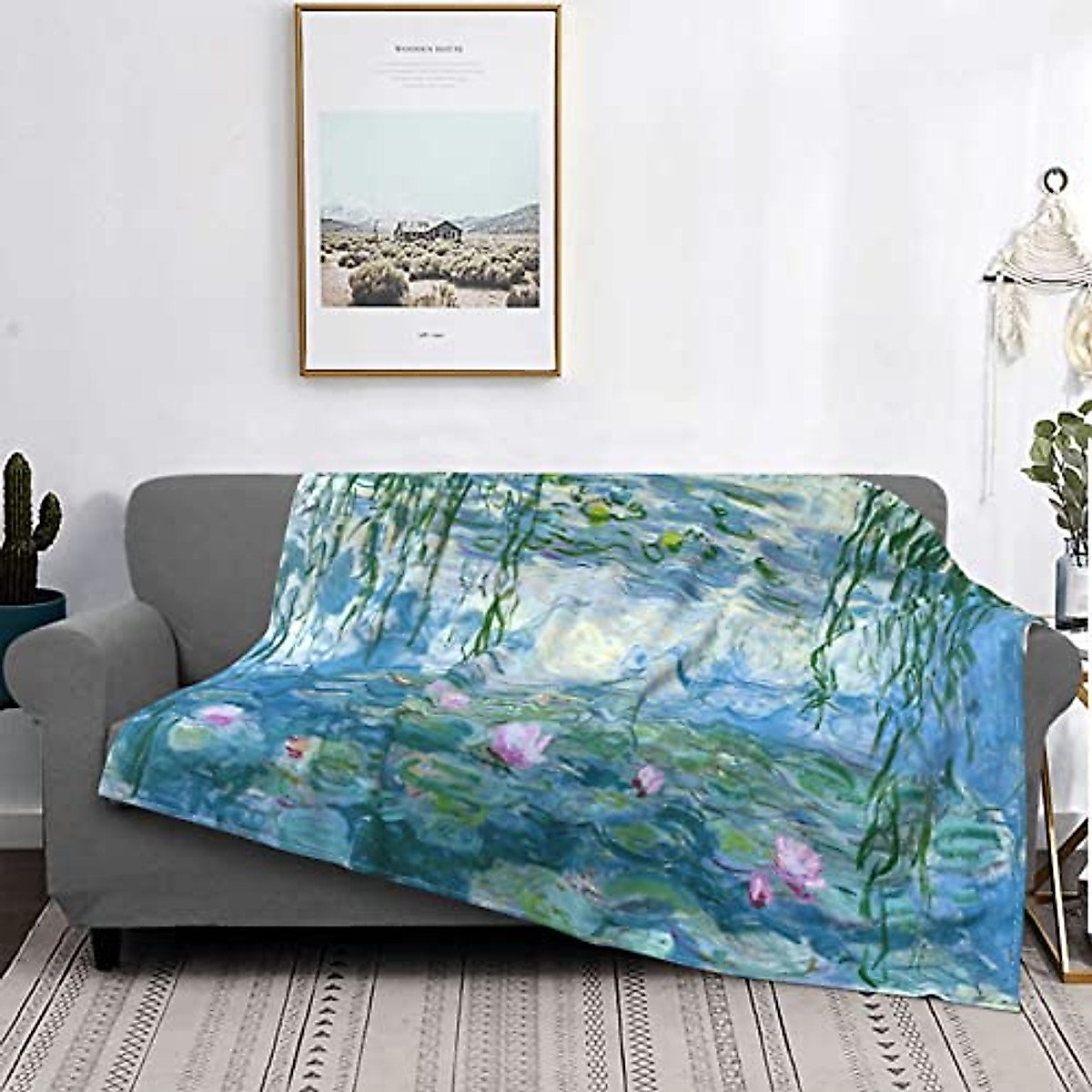 Monet Water Lilies Soft Blanket All Season Fuzzy Throw Warm Lightweight Blanket Flannel Blankets Fleece Throws for Bed Sofa Couch Travel Home Living Room Decor 60"x50"