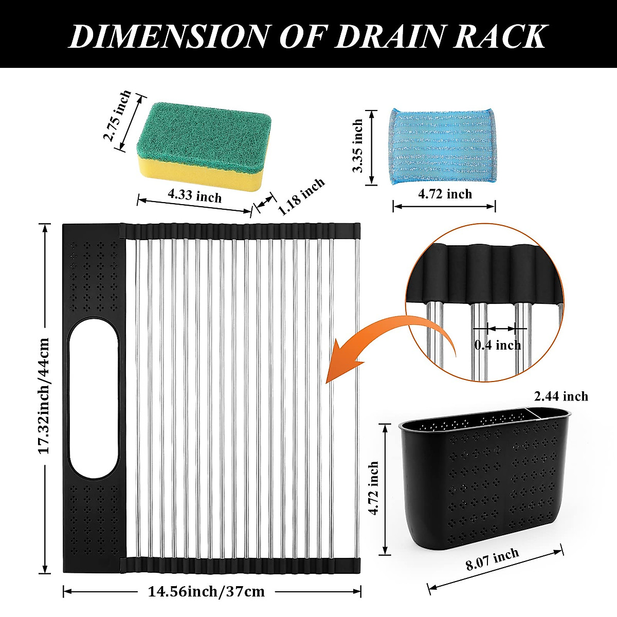 BRAQ Roll Up Dish Drying Rack 17.32" x 14.56" Portable Stainless Steel Sink Rack with 1 Storage Baskets Over The Sink Dish Drying Rack for Kitchen Dishes Cups