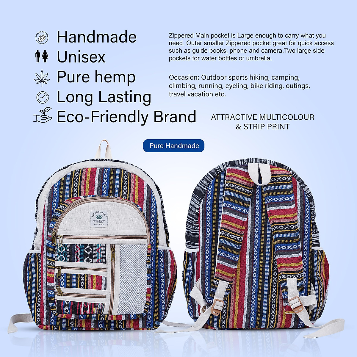 Small cotton stripe hemp backpack, Hemp backpack, traveling backpack, nepali backpack, himalayan backpack, small 13" bag (BG-001-SM)