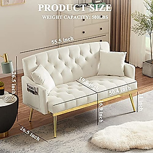 Tmosi Loveseat Sofa with 2 Throw Pillows, 55.5" Cream Velvet Couch Modern Sofa for Living Room with Armrest Pockets, Apartment Tufted Love Seat Couches Furniture for Small Spaces