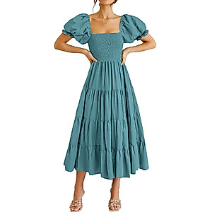 ANRABESS Women's Casual 2024 Summer Fashion Midi Dress Puff Short Sleeve Square Neck Smocked Tiered Boho Beach Dresses Lake-S