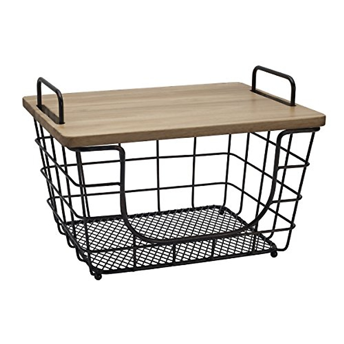 Gourmet Basics by Mikasa Madam Metal Stacking/Nesting Rectangular Basket with Acacia Lid, Antique Black