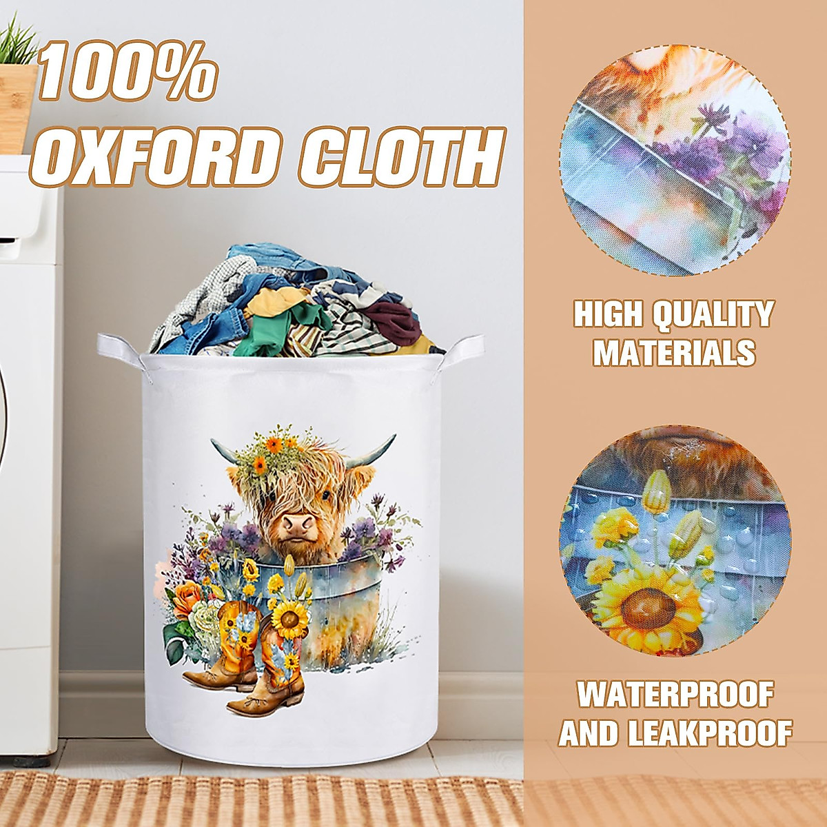 Blushtier 2 Pcs Highland Cow Laundry Basket Foldable Waterproof Oxford Cloth Cow Basket Cow Print Hamper Scottish Cattle Storage Bin Clothes Storage Bucket Toy Organizer Nursery Bathroom 13.8" x 17.7"