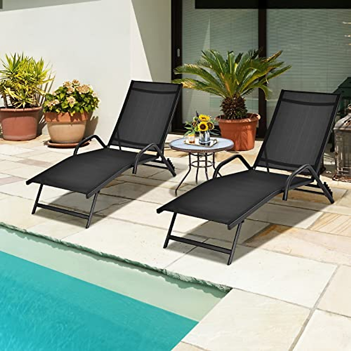 Tangkula Outdoor Patio Chaise Lounge Chairs, Reclining Lounge Chairs with 5-Position Adjustable Backrest & Breathable Fabric, Outdoor Recliner Chairs for Lawn, Poolside & Backyard, Set of 2 (2, Black)