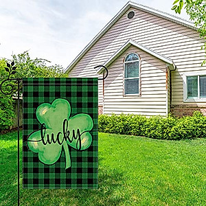 AnyDesign St. Patrick's Day Garden Flag Double-Sided Lucky Shamrock Yard Flag Rustic Green Black Buffalo Plaid Farmhouse Shamrock Outdoor Decoration for Irish Holiday, 12.5 x 18 Inch