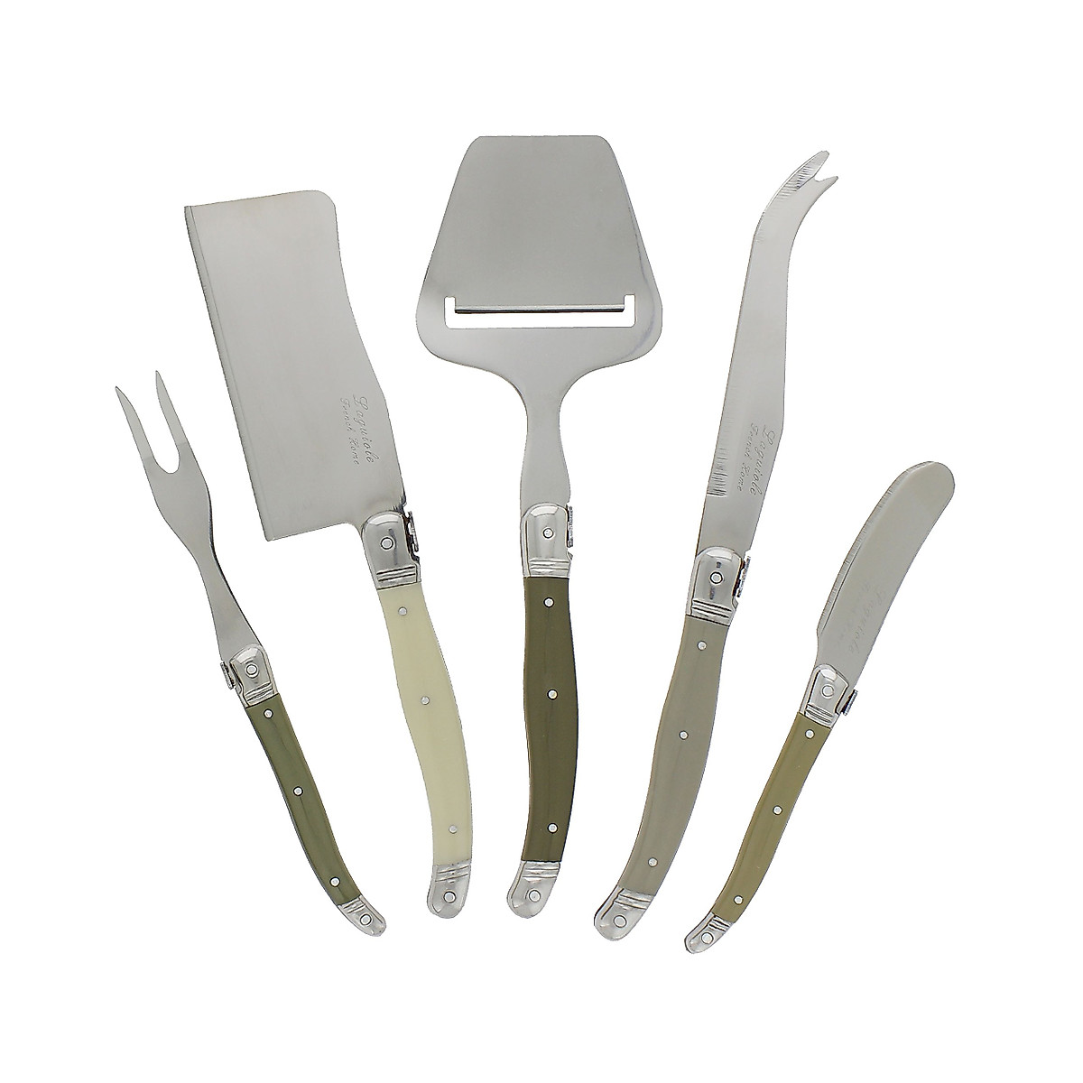 French Home 5-Piece Laguiole Cheese Knives Set with Fork and Slicer – Versatile Charcuterie Board Accessories with Three-Rivet Mist-Colored Handles & Iconic Bee Emblem
