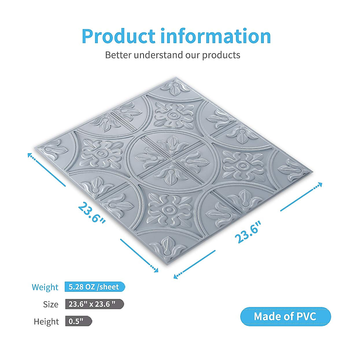 Art3d Drop Ceiling Tiles 2x2, Glue-up Ceiling Panel, Fancy Classic Style in Gray