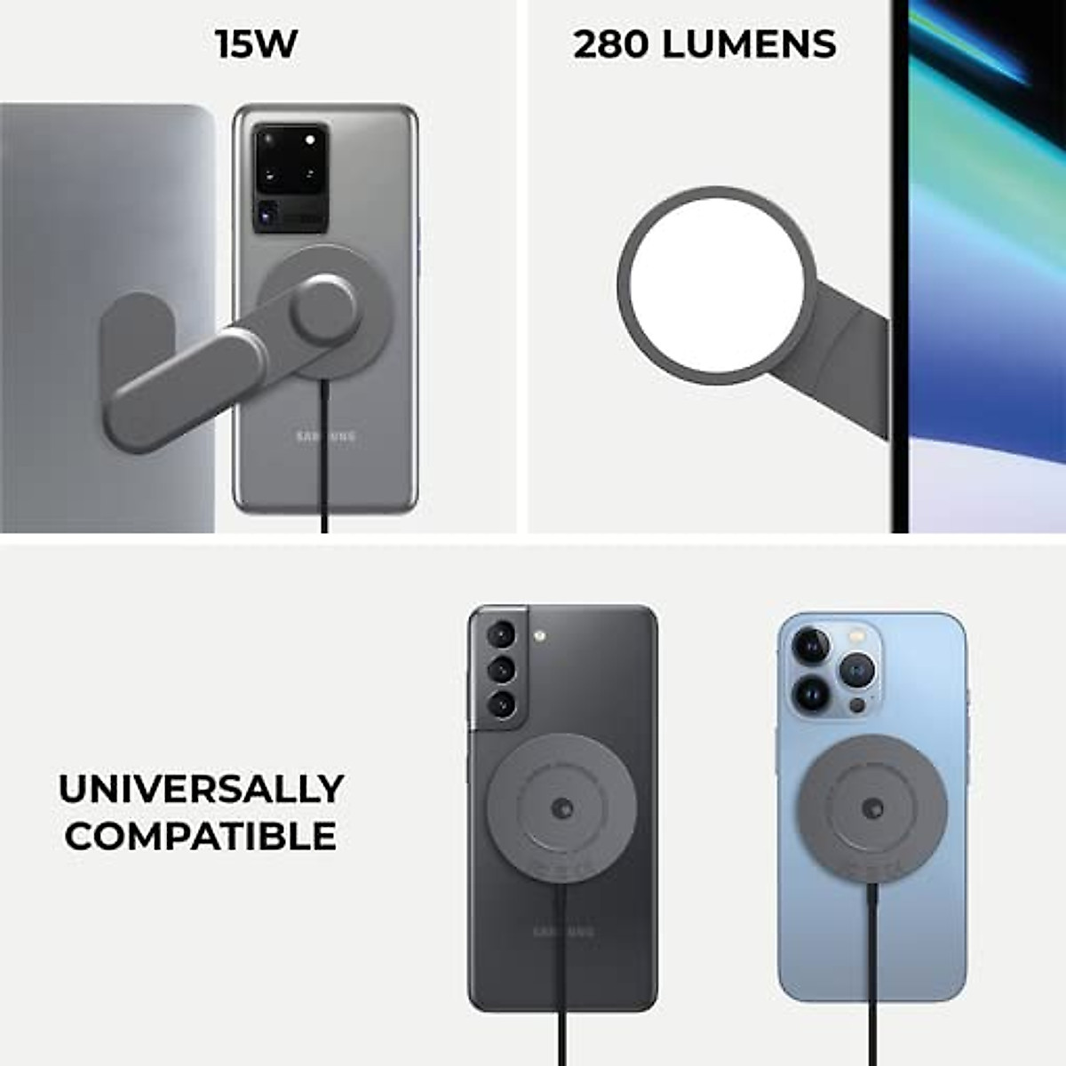 Rolling Square Edge Full Kit with Cell Phone Holder, 15W Magnetic Wireless Charger, and 280-Lumen Laptop Monitor Light for Zoom Meetings, Carrara White