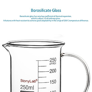 stonylab Glass Beaker with Handle, Borosilicate Glass Graduated Low Form Griffin Beaker with Handle and Pouring Spout, 250 ml