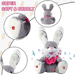 MIAODAM Peek-A-Boo Bunny Toy for Toddlers 1-3, Talking Stuffed Animal Repeats Your Words, Sings Children Songs & Lullabies, Interactive Plush with Floppy Ears (Grey)