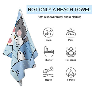 Cute Cat Fish Microfiber Absorbent Lightweight Beach Towels Fast Dry Oversized Sand Free Beach Blanket 31x51in for Swimming Camping Travel Gym and Yoga