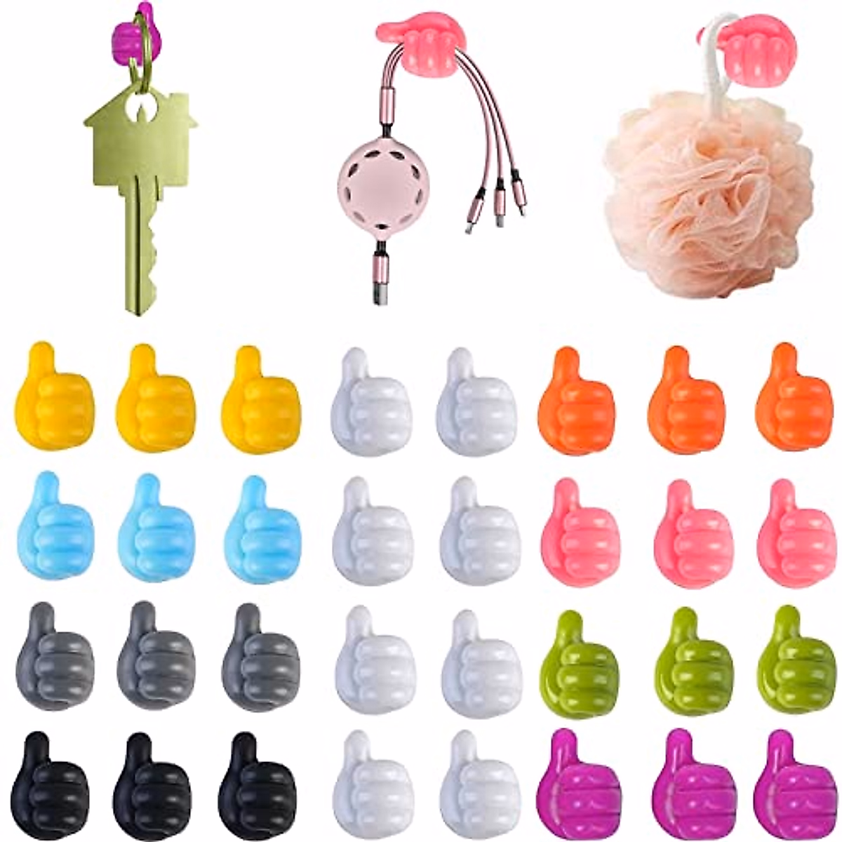 QWEN 30pcs Self-Adhesive Silicone Thumb Hook, Creative Thumb Shaped Wall Hook, Multi-Functional self-Adhesive Wall Decoration Hook, Key Hanger, for Storage Cable/Headset/Plug/mask