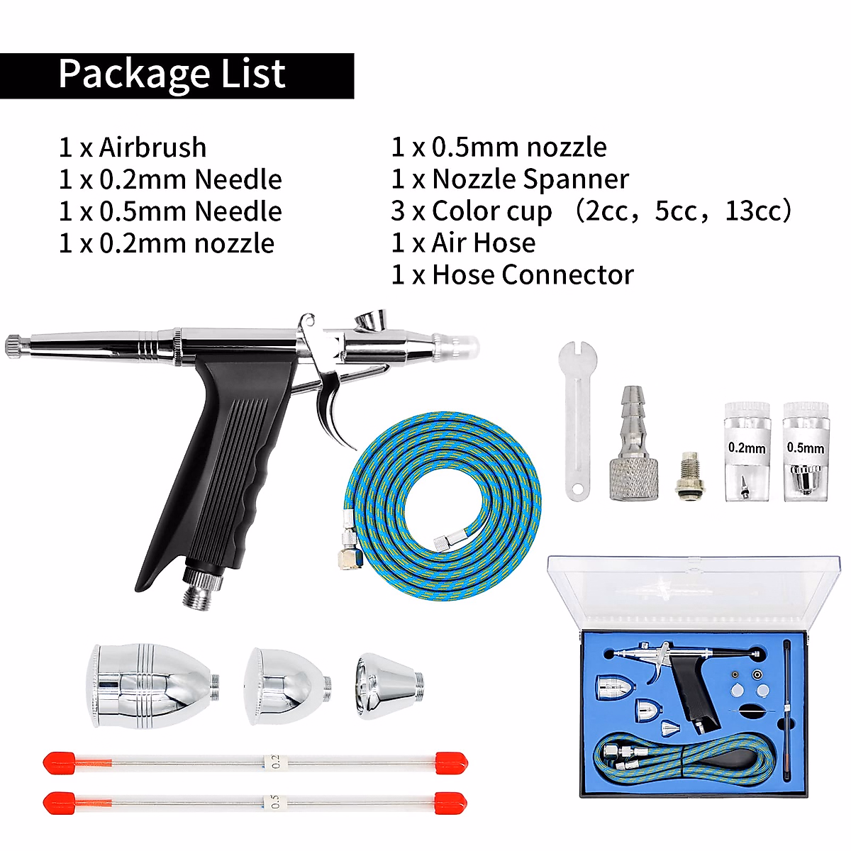 RJ-Global Double Action Airbrush Kit, Trigger Air Brush Spray Gun with 0.3, 0.2, 0.5mm Needles, 3 Sets Nozzles, Air Cap, 2cc/5cc/13cc Paint Cup, Air Hose, for Tattoo, Makeup, Nail, Model, Art Hobby