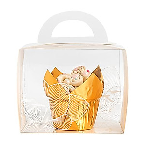 Restaurantware-5 Inch x 3.25 Inch Individual Cupcake Boxes, 100 Disposable Cupcake Display Boxes - With Handle, Lotus Accent, Clear Plastic Single Cupcake Containers, For Weddings Or Birthdays