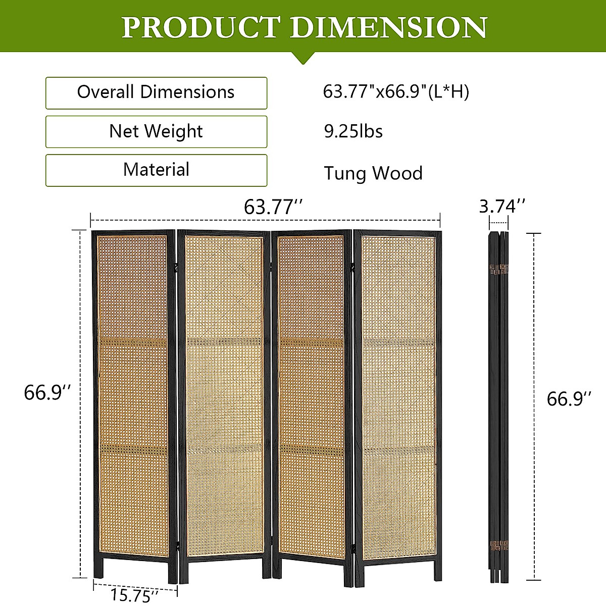 ALeesing 4 Panels Wood Room Divider and Folding Privacy Screens, Hand-Woven Rattan Room Dividers Panel, Room Divider Wall Freestanding, Room Partitions Screen for Home Office Bedroom, Black