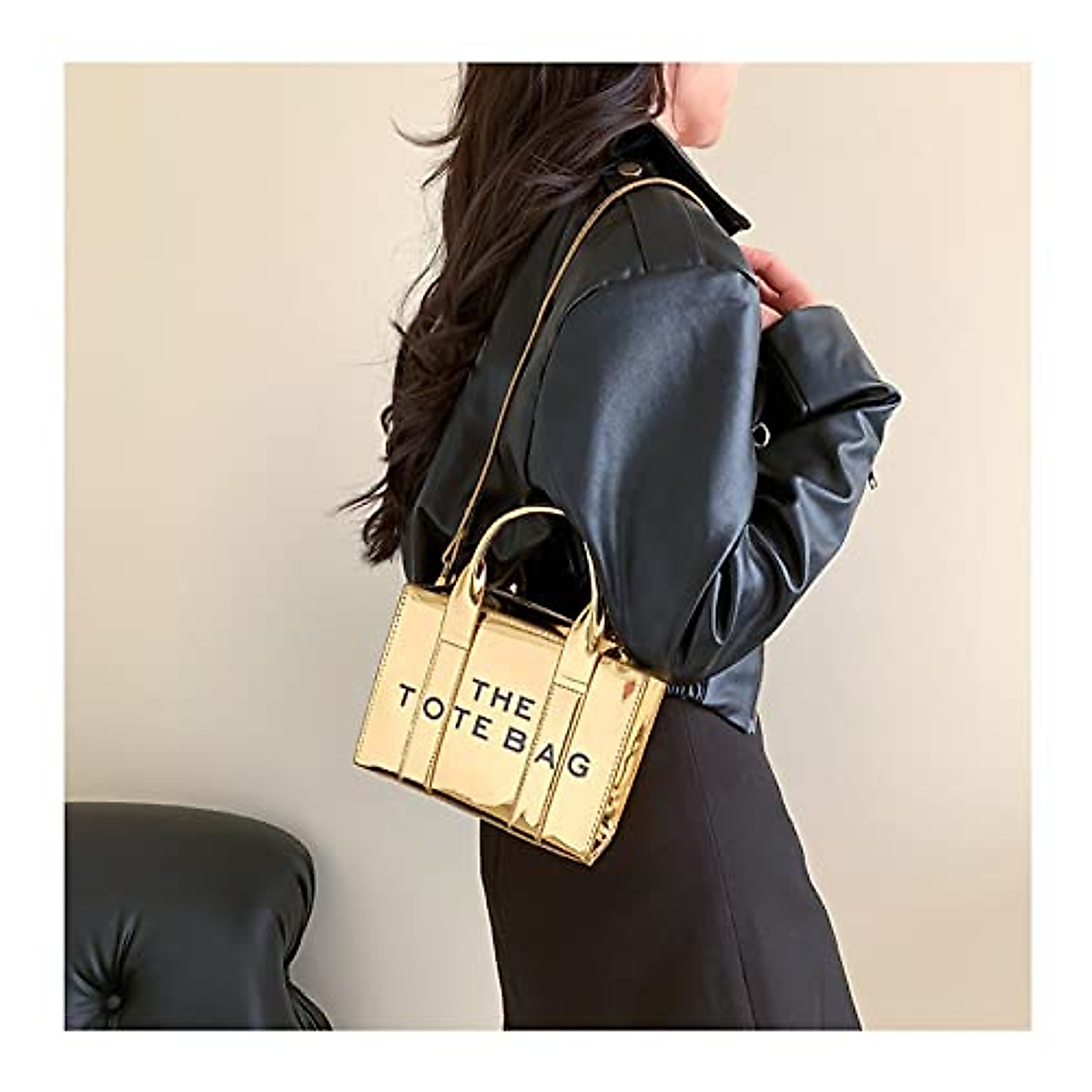 Cooble Shiny Tote Bags Faux Leather Handbag Tote Purse Crossbody Bag Satchel Bag Shoulder Bag for Women (Gold)