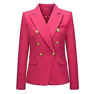 chouyatou Women's Vintage Double Breasted Slim Fit Dress Suit Blazer Jacket (Large, Hot Pink)