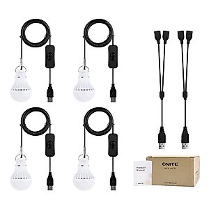 Onite 4-Pack USB Camping Lantern, Portable LED Light Bulb w/ Y-Spliter Cable, High Brightness, Low Energy Consumption, for Power Outage, Hurricane Season, Outdoor Patio, BBQ, Hiking Lighting, Tent