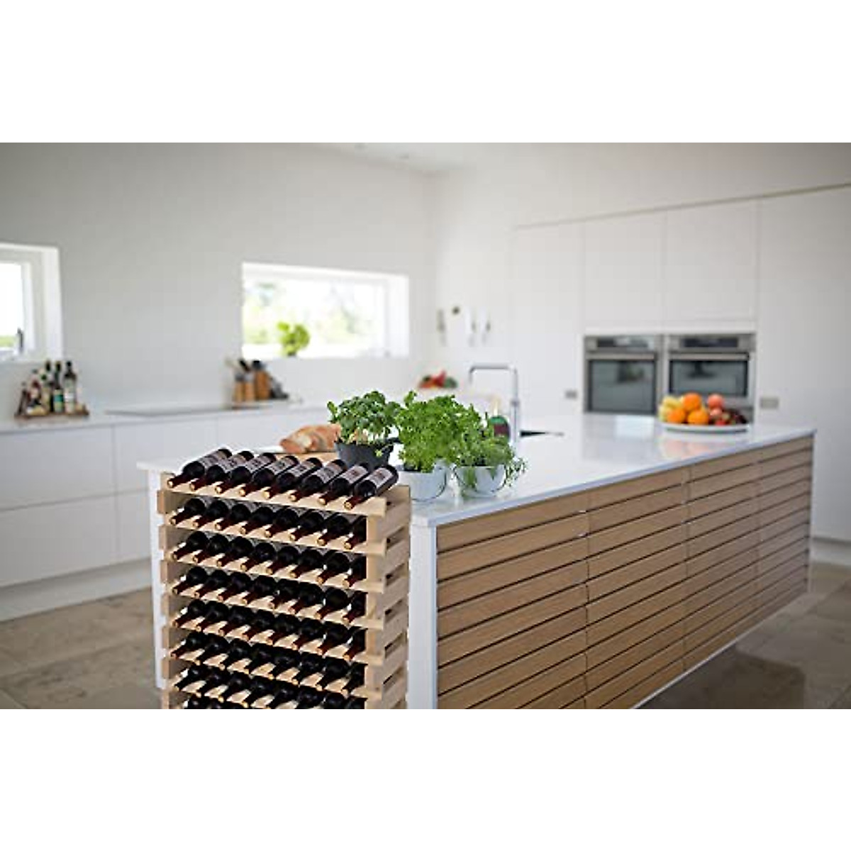 DisplayGifts Pine Thick Wood Stackable Storage Stand Display Shelves Wine Rack Wobble-Free Natural Wood 64 Bottle Capacity 8 X 8 Rows