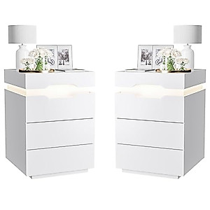 YESHOMY Nightstand with LED Light and Charging Station, Endtable with 3 Drawers, Bedside Table with Large Capacity, for Bedroom, Set of 2, 27.5" Height, White