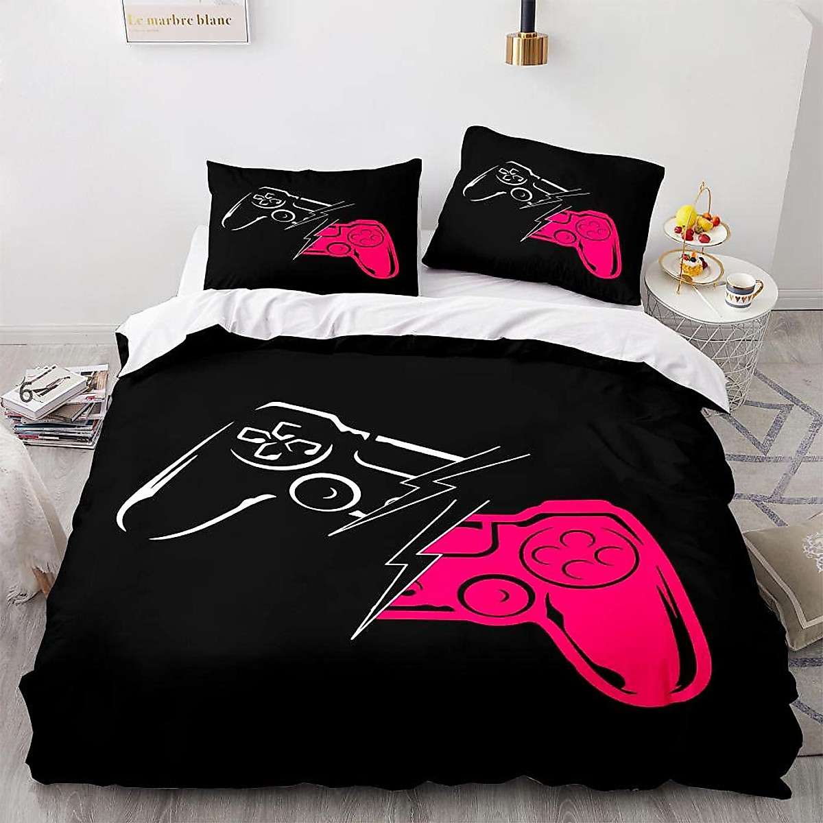 OUJIE 3D Modern Video Game Controller Bedding Set 200 x 200 cm Single Red Black Duvet Cover Creative Gamer Gamepad Zip Closure with 2 Pillowcases for Bedroom Decoration