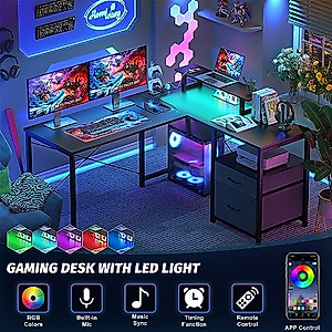 Homieasy L Shaped Computer Desk with Storage File Drawer, Reversible Home Office Desk with Recessed Power Strip and Led Strip, Corner Gaming Desk Work Study Table with Monitor Stand, Black
