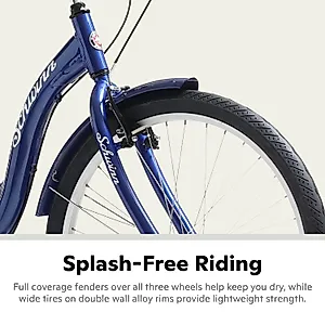 Schwinn Meridian Adult Tricycle Bike, Mens and Womens Three Wheel Beach Cruiser, 26-Inch Wheels, Low Step-Through Frame, Wide Seat, Rear Folding Basket, Single-Speed, Blue
