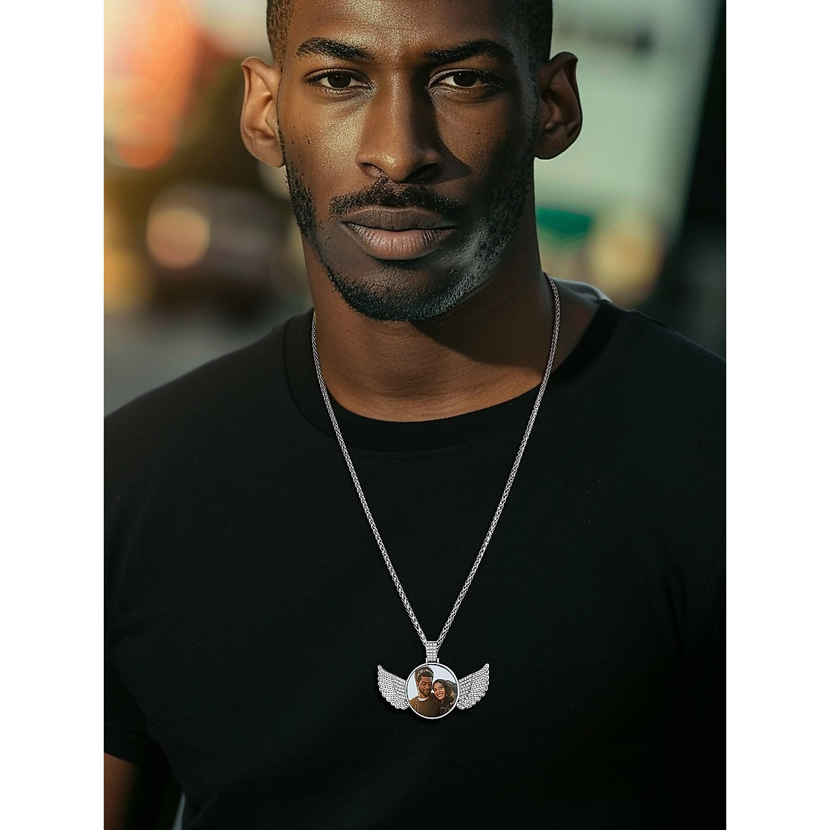 Angel Wings Necklace Chain with Picture Jewelry Gifts Photo Necklace for Men friend Husband Father