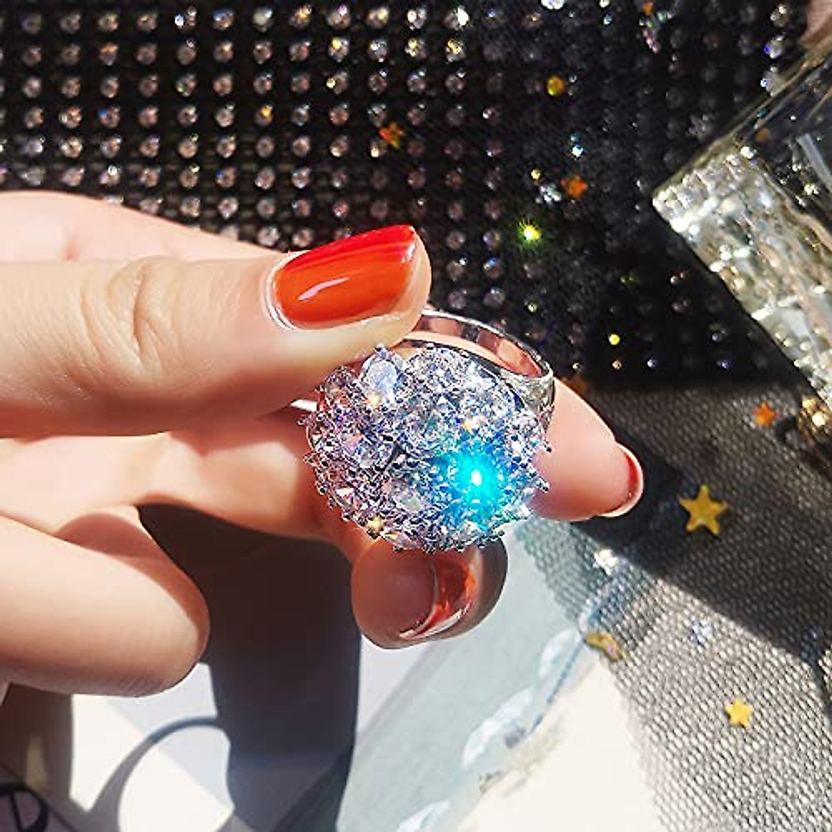 Luxury Full Diamond Round Super Flash Zircon Ring Banquet 925 Sterling Silver Ring Round Cut Cubic Zirconia Ring Simulation Diamond Fashion Wedding or Engagement Ring CZC441 (6, Rose Gold)