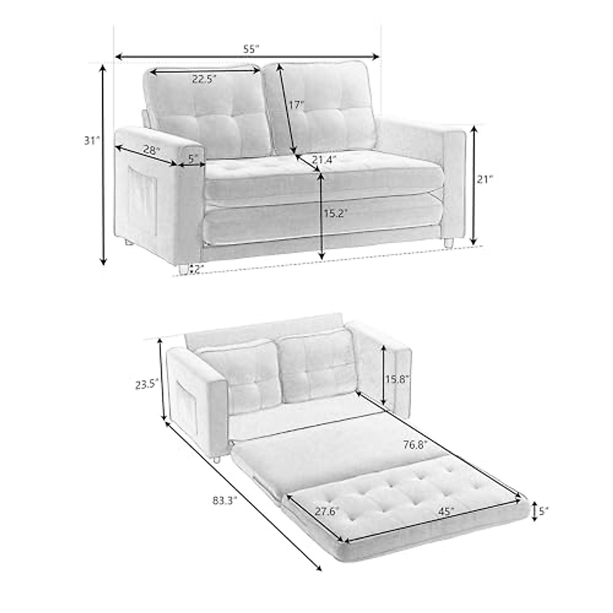 Eafurn 3 Fold Convertible Sleeper Sofa Bed Pull Out Loveseat Versatile Floor Couch for Living Room Home Office RV Furniture
