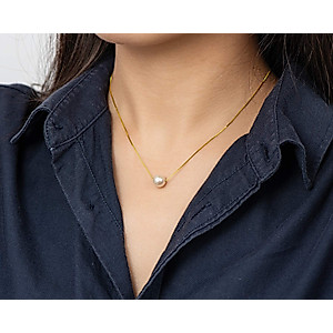 DENGGUANG Floating Pearl Pendant Necklace for Women, 8mm Freshwater Cultured White Single Pearl Necklaces with Gold Plated Silver Chain, Pearl Jewelry Gifts for Wife Mom friend