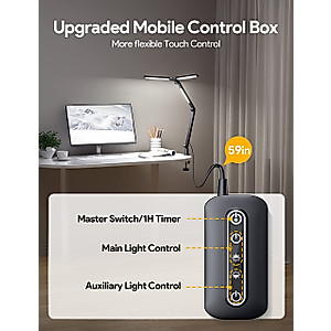 LED Desk Lamp with Clamp, Three Light Sources Desk Lamps for Home Office, Led Desk Light Swing Arm, Control Box, Dimmable 4 Color Modes, 4 Brightness, Eye-Caring Clip on Lamp for Workbench Studio, 20W