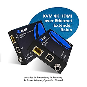 OREI KVM 4K HDMI Over Ethernet Extender Balun Over CAT6/7 Cable 4K@60Hz Upto 230 Feet - 2 USB 1.1 Ports, Supports Keyboard and Mouse USB HDMI Loop Out, Power Over Cable